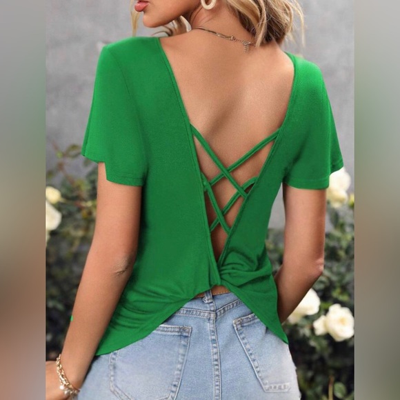 Tops | Boho Green Solid Criss Cross Butterfly Sleeve Top | Poshmark